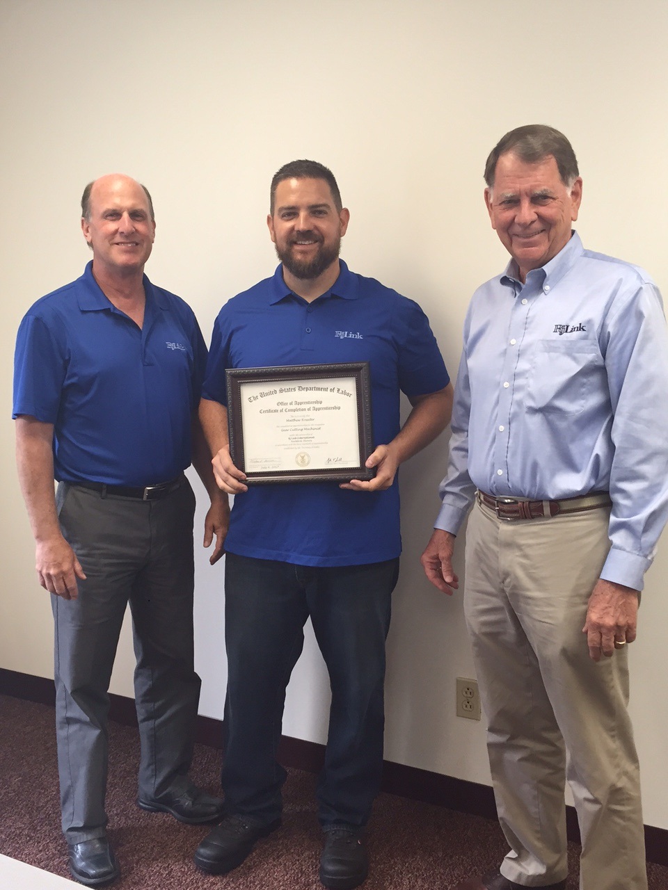 Rj Link Int. Presents Matt Rossiter with Dept. of Labor Apprenticeship ...